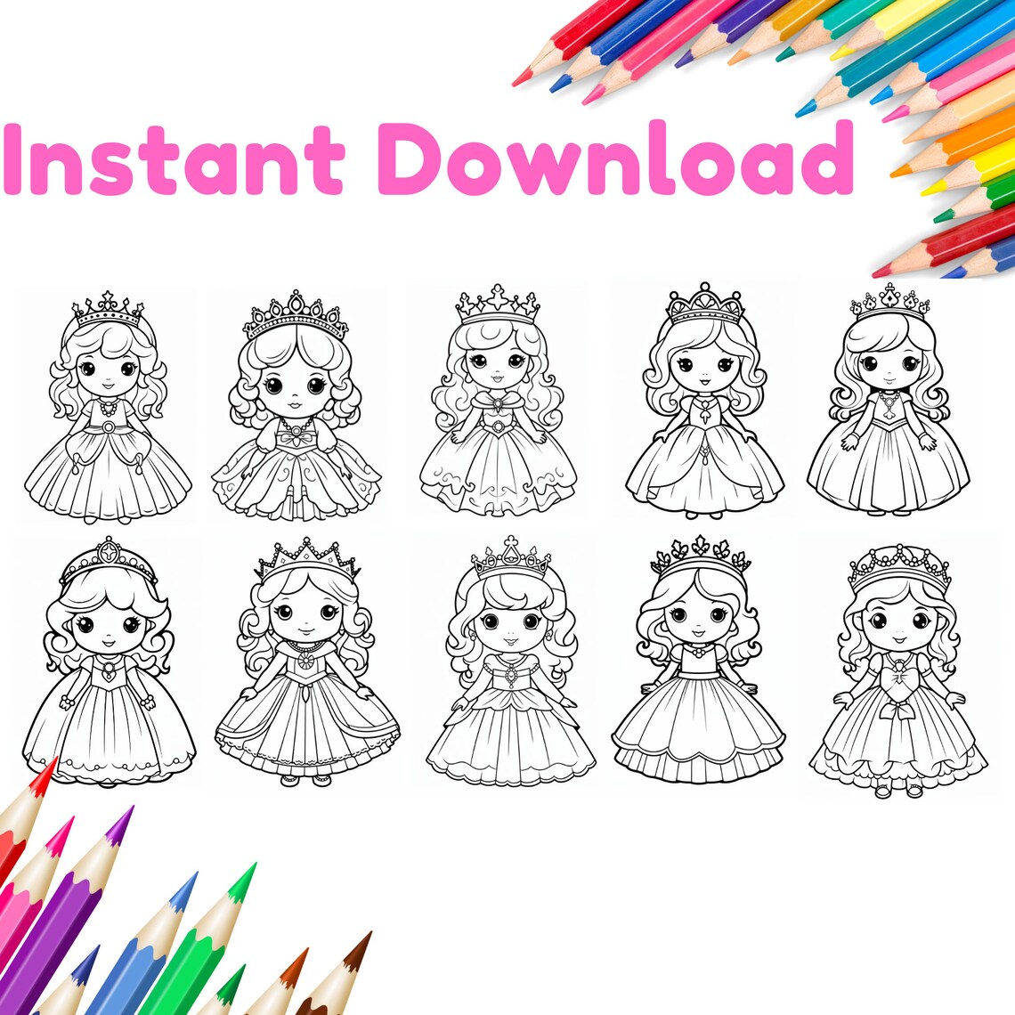 40 Kawaii Princess Coloring Pages for Kids - Etsy