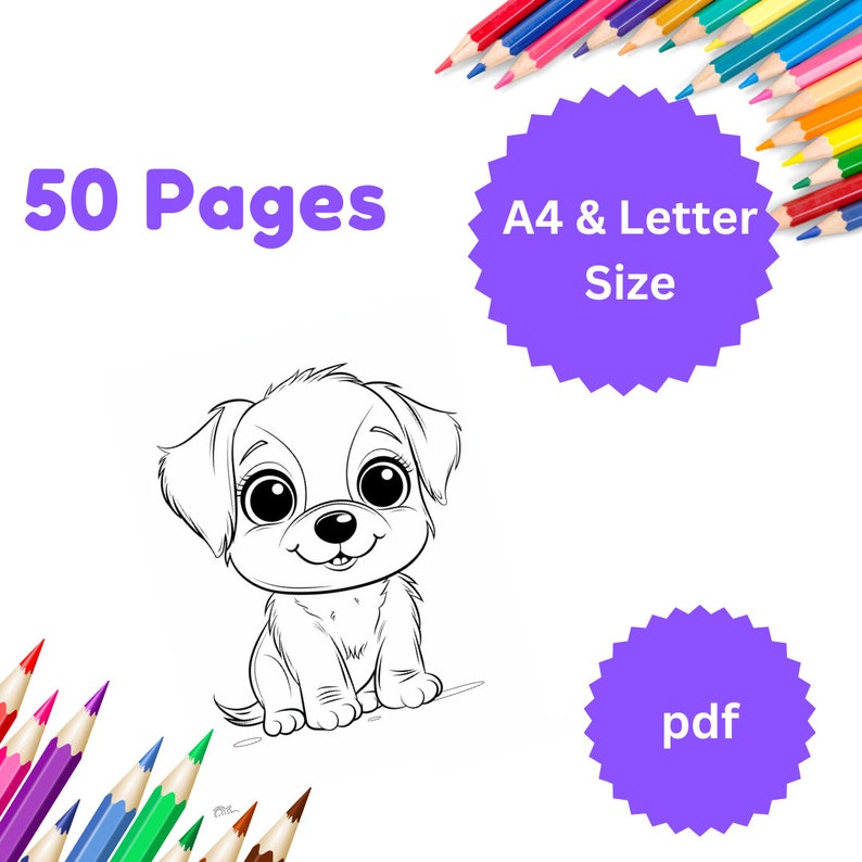 50 Cute Puppy Coloring Pages, Printable Art (letter & A4) - Etsy