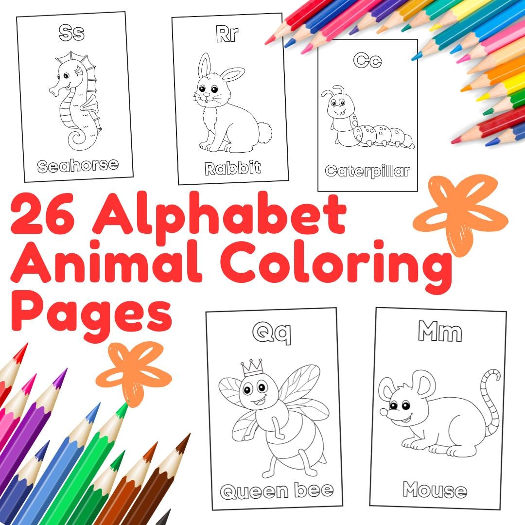 Easy Alphabet Animal Coloring Pages for Kids, 26 High Quality Alphabet ...