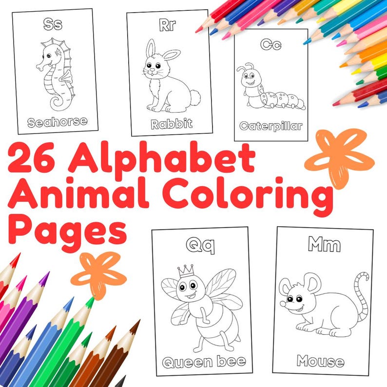 Easy Alphabet Animal Coloring Pages for Kids, 26 High Quality Alphabet ...