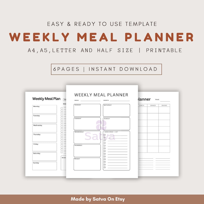 Weekly Meal Planner Printable Bundle: A4, A5, Letter Sizes (digital ...