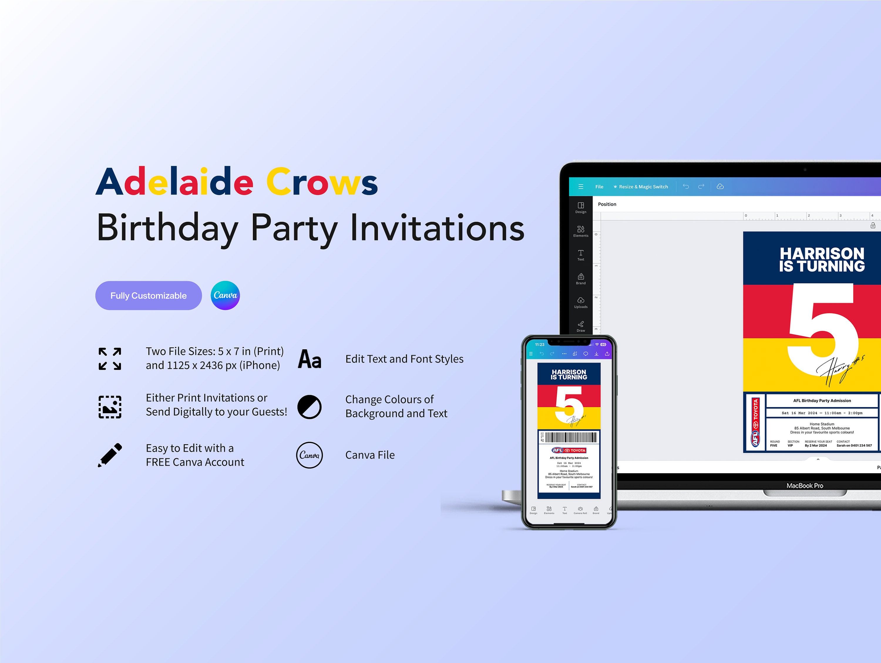 Editable Adelaide Crows Birthday Invitation | Canva Digital Template ...