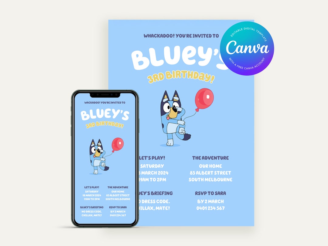 Editable Bluey Birthday Invitation | Canva Digital Template | Printable ...