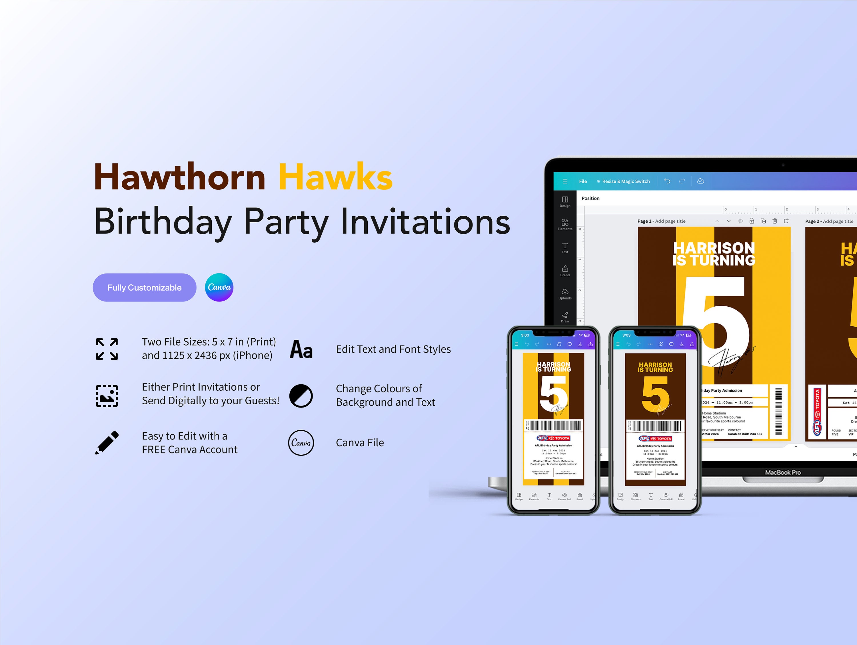 Editable Hawthorn Hawks Birthday Invitation | Canva Digital Template ...
