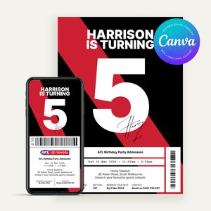 Editable Essendon Bombers Birthday Invitation | Canva Digital Template ...