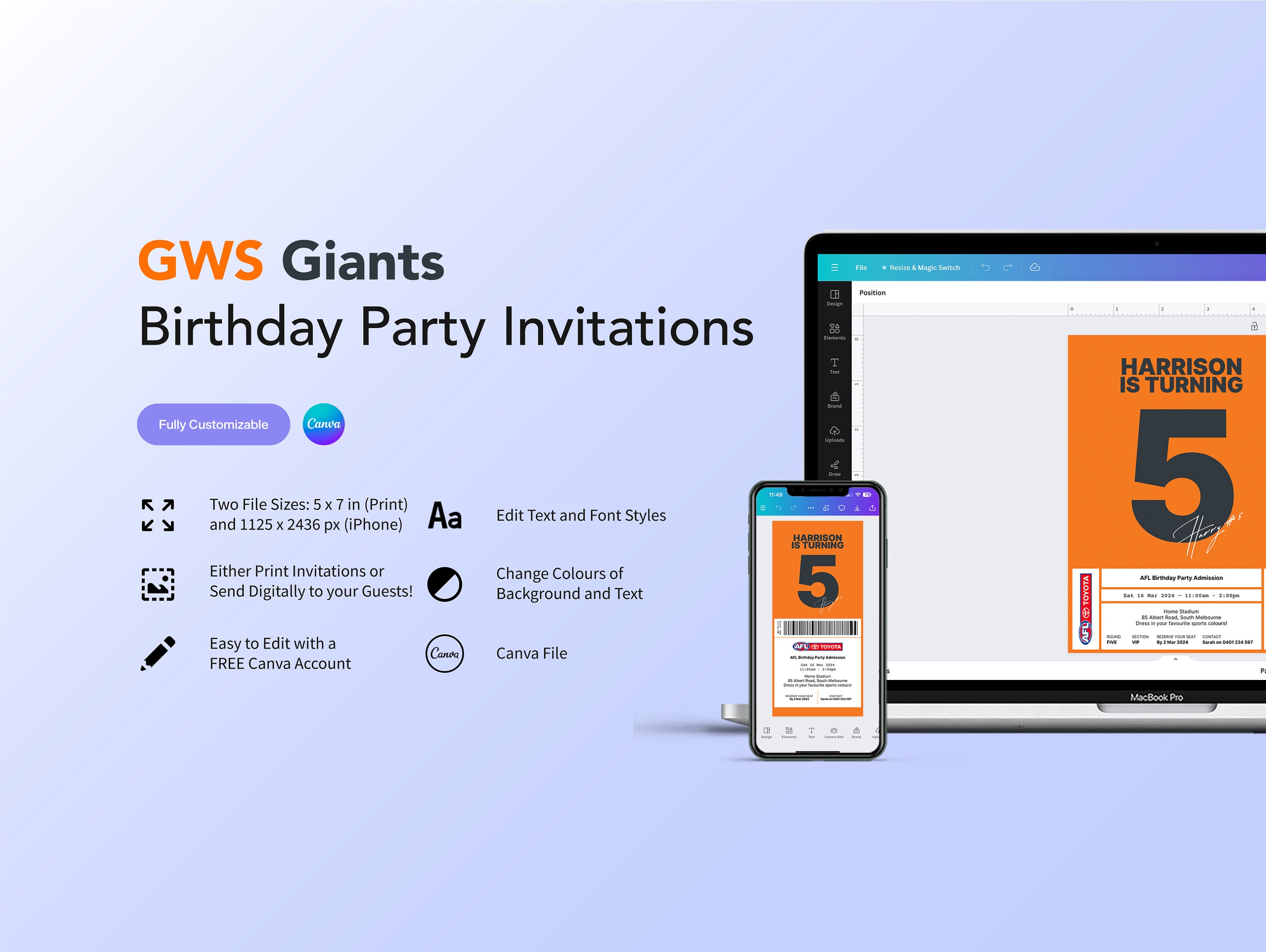 Editable GWS Giants Birthday Invitation Canva Digital Template ...