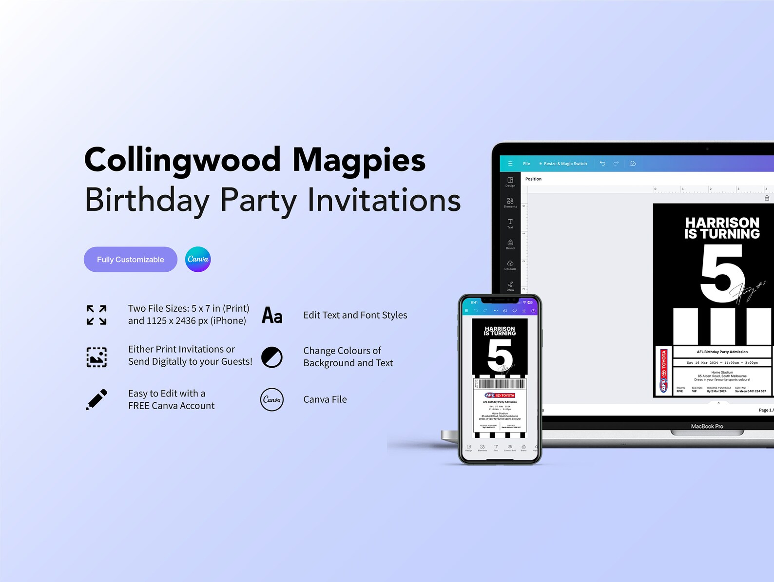 Editable Collingwood Magpies Birthday Invitation | Canva Digital ...