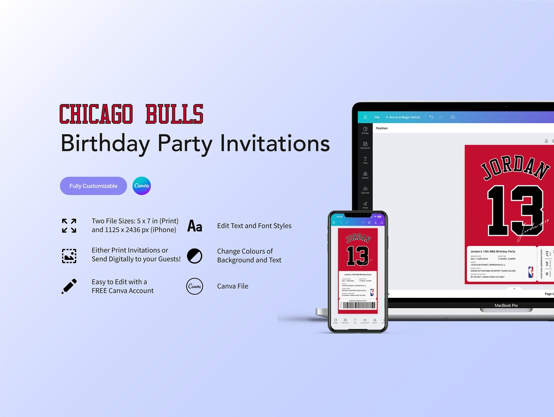 Editable Chicago Bulls Birthday Invitation | Canva Digital Template ...