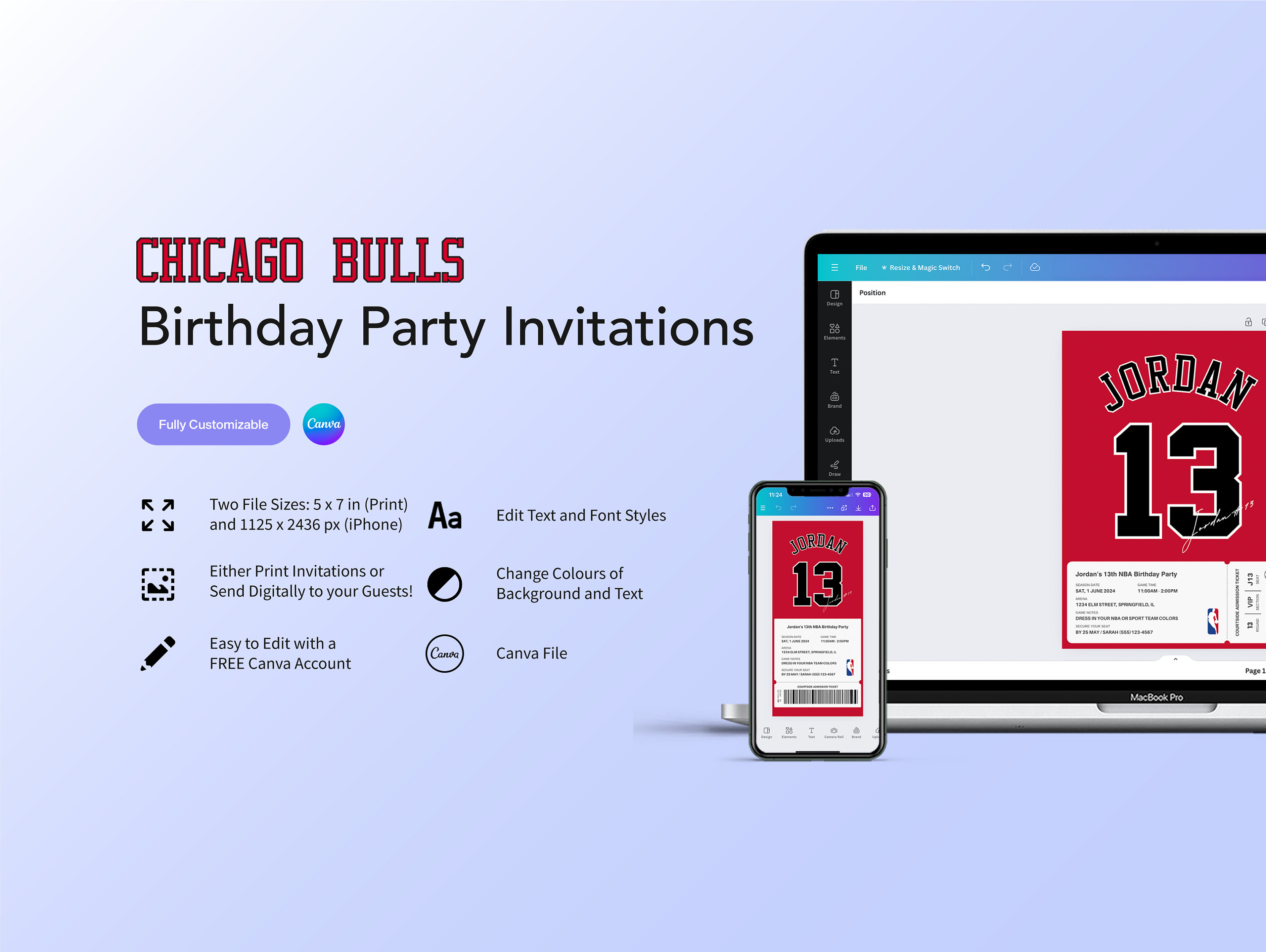 Editable Chicago Bulls Birthday Invitation | Canva Digital Template ...