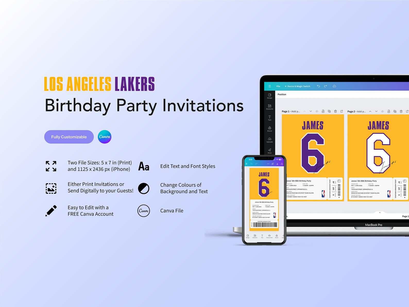 Editable LA Lakers Birthday Invitation | Canva Digital Template ...