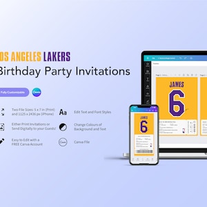 Editable LA Lakers Birthday Invitation | Canva Digital Template ...