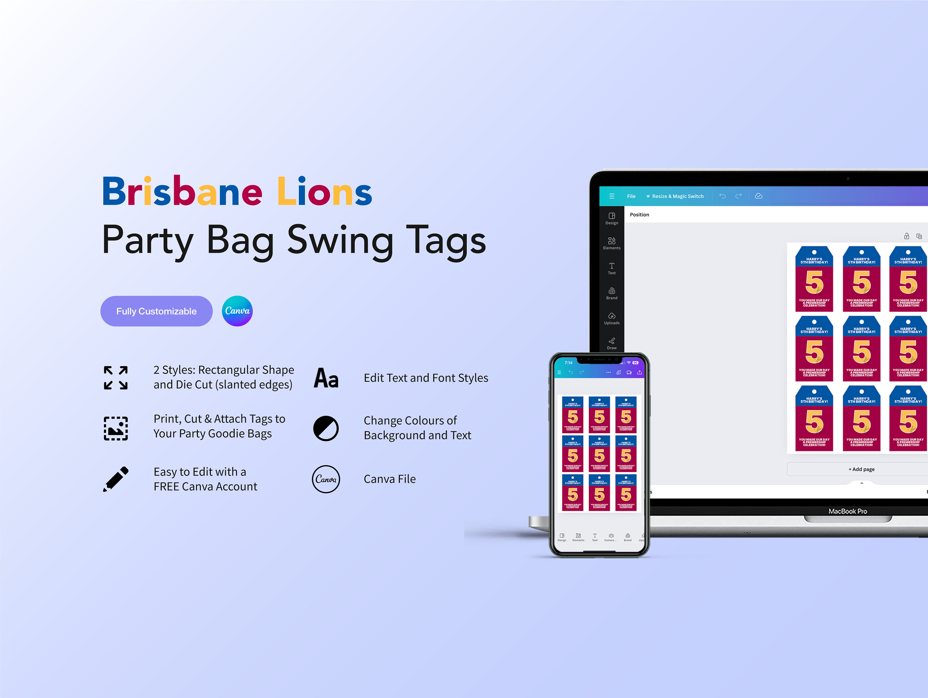 Printable Brisbane Lions Gift Tags | Canva Digital Template | Editable ...