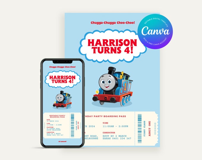 Editable Thomas the Tank Engine Birthday Invitation | Canva Digital ...