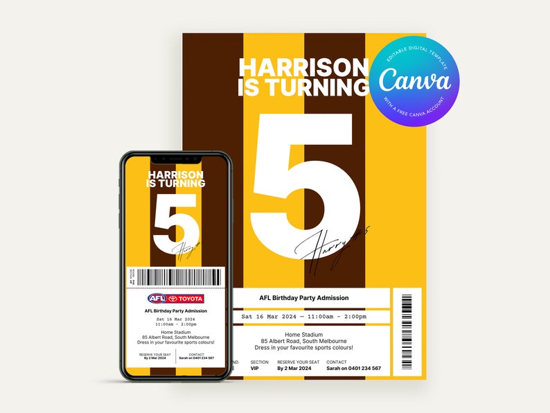 Editable Hawthorn Hawks Birthday Invitation | Canva Digital Template ...