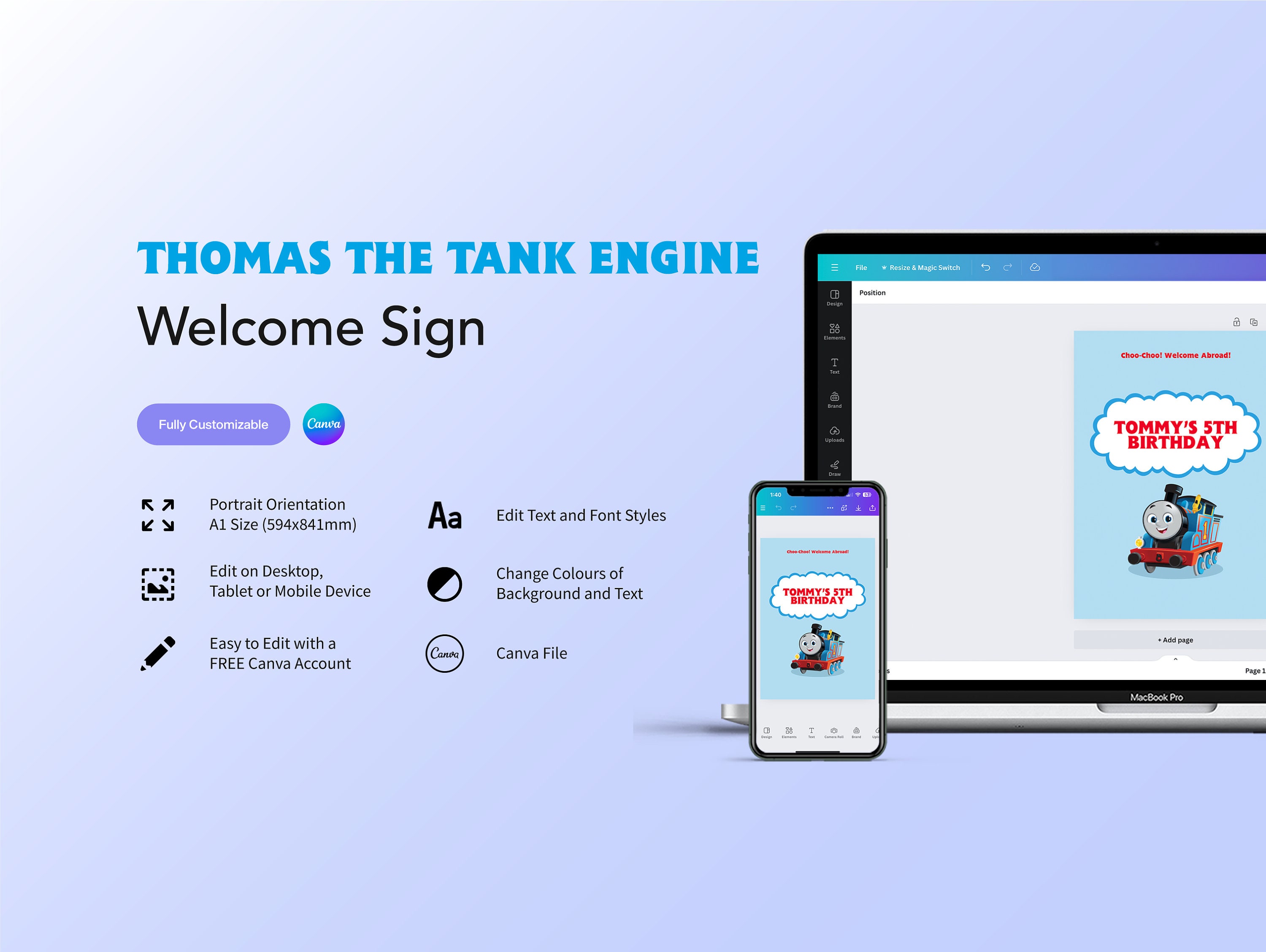 Printable Thomas the Tank Engine Welcome Sign | Canva Digital Template ...