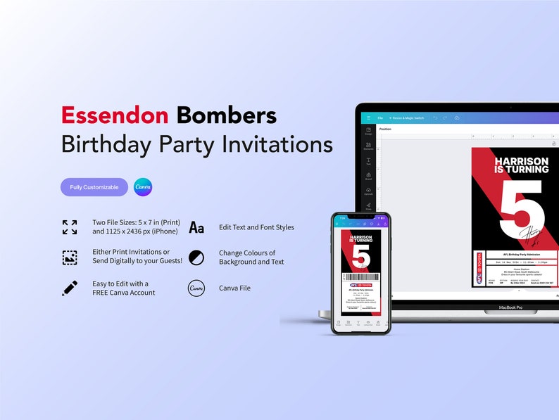 Editable Essendon Bombers Birthday Invitation | Canva Digital Template ...
