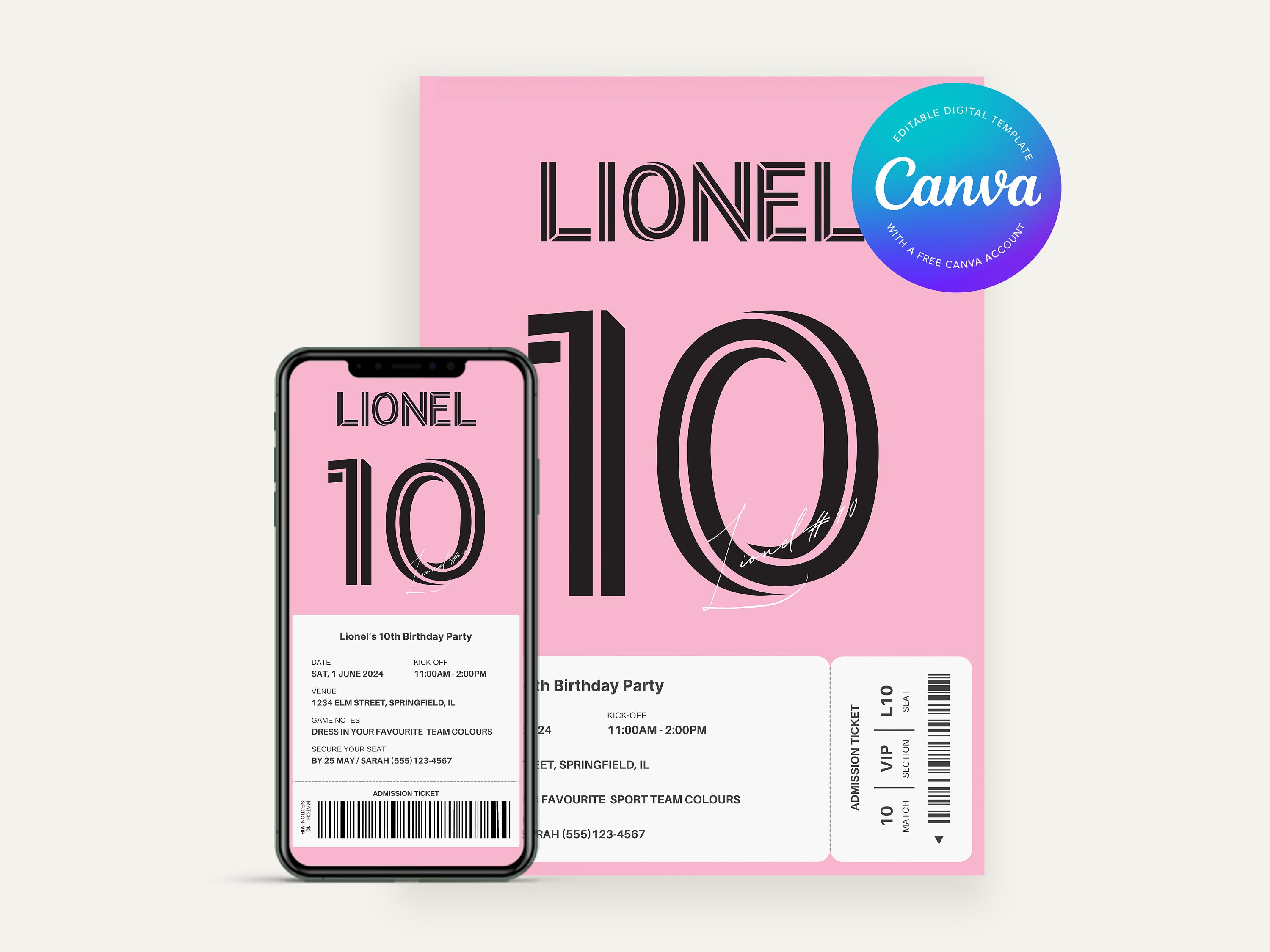 Editable Inter Miami FC Birthday Invitation | Canva Digital Template ...