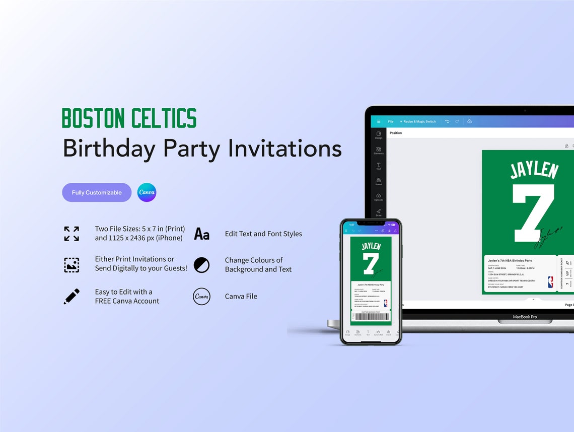 Editable Boston Celtics Birthday Invitation | Canva Digital Template ...