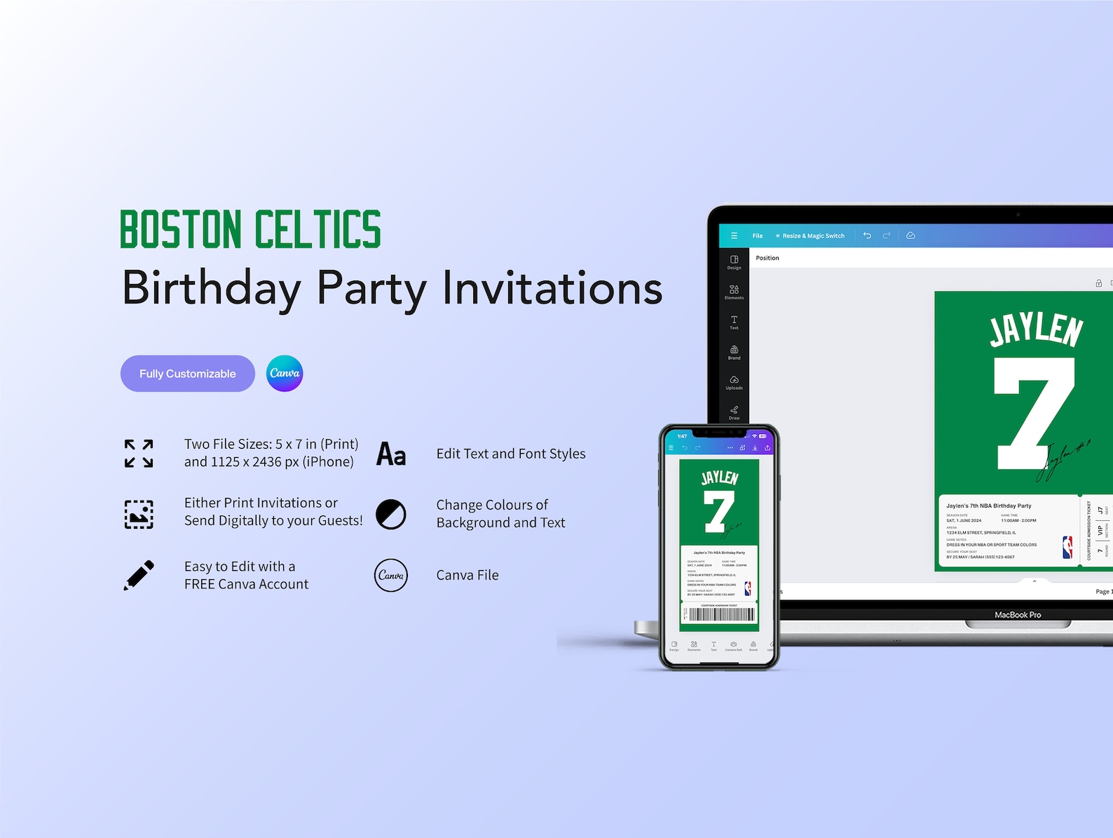 Editable Boston Celtics Birthday Invitation | Canva Digital Template ...