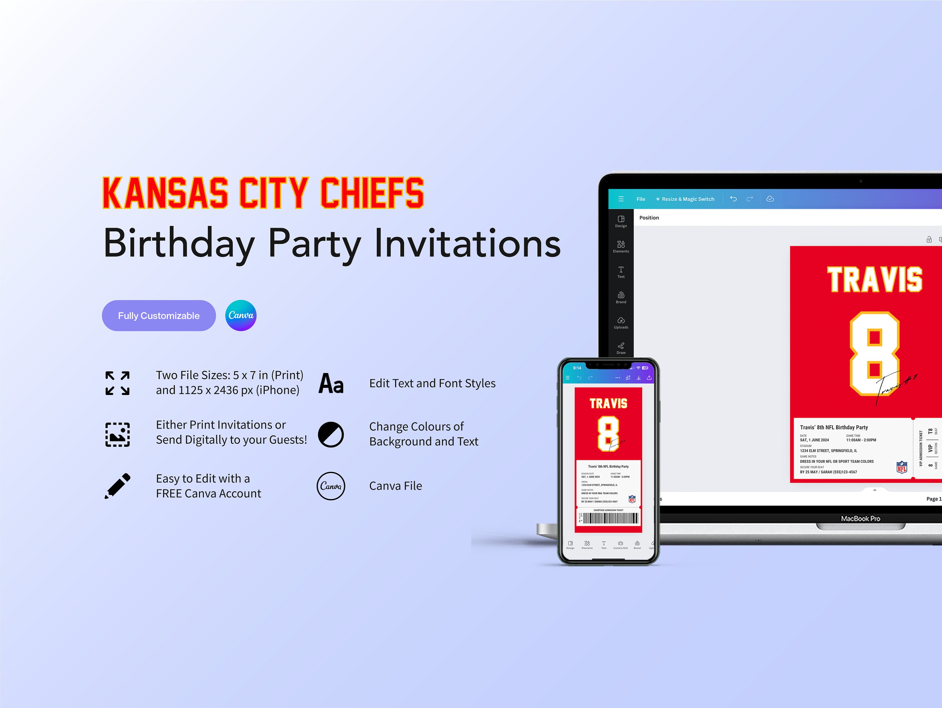 Editable Kansas City Chiefs Birthday Invitation | Canva Digital ...