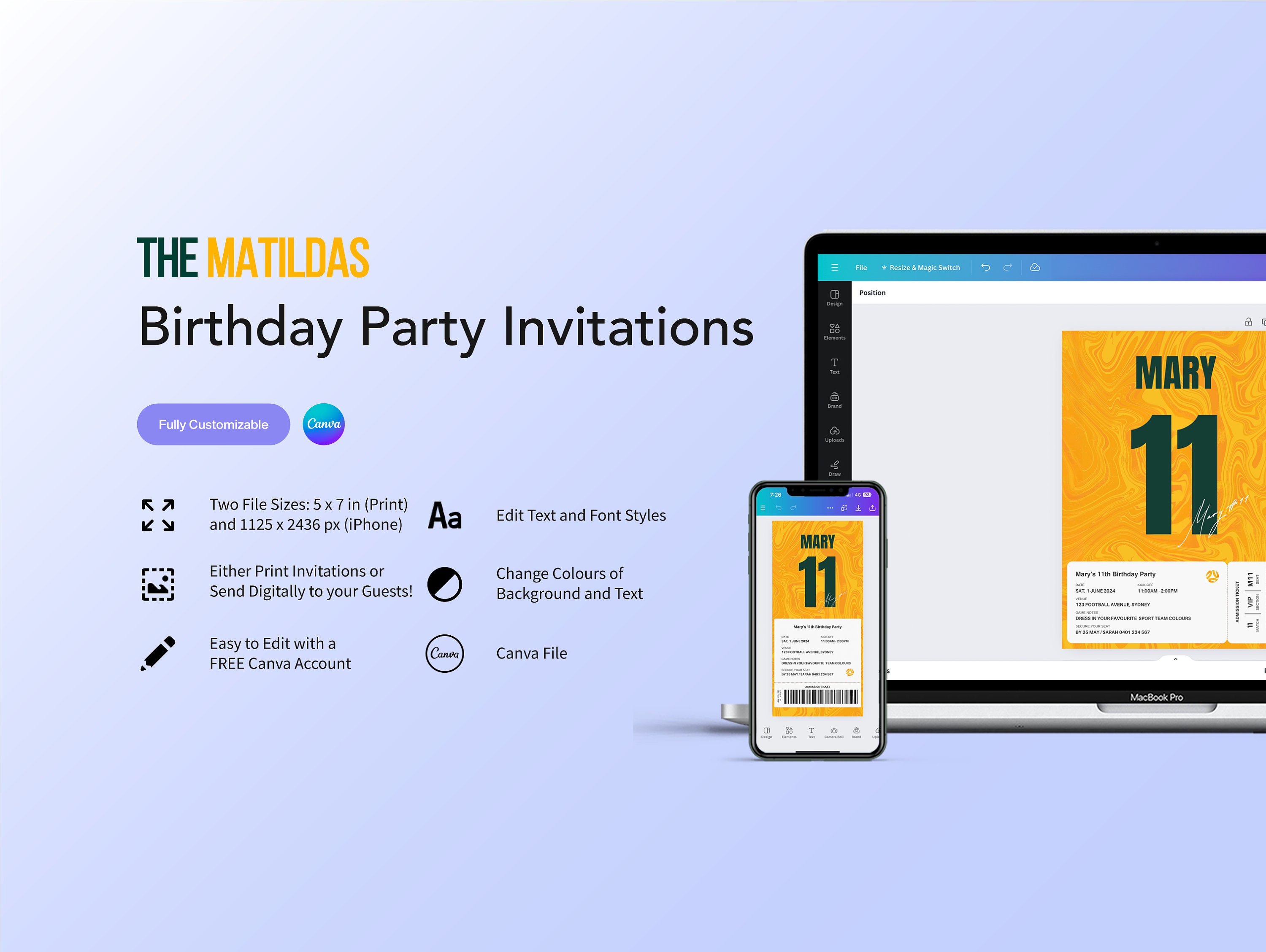 Editable the Matildas Birthday Invitation | Canva Digital Template ...