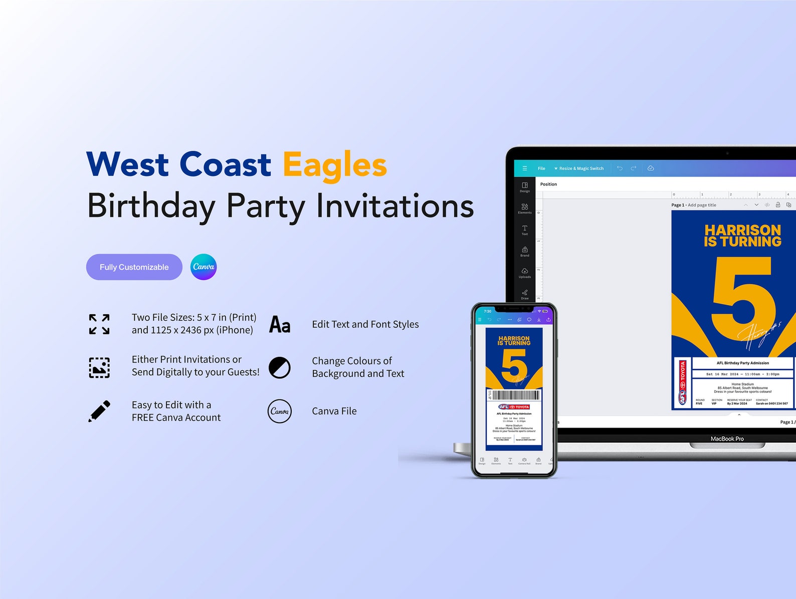 West Coast Eagles Birthday Invitation | AFL Ticket, Canva Template ...