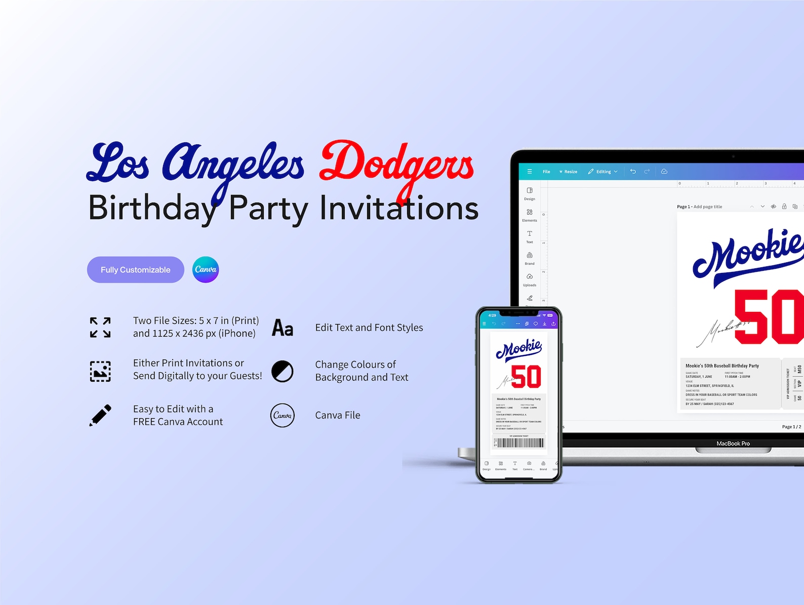 Editable LA Dodgers Birthday Invitation | Canva Digital Template ...