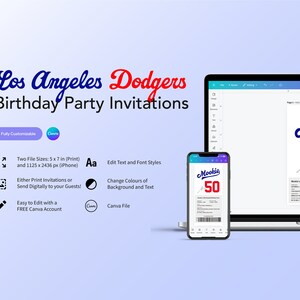 Editable LA Dodgers Birthday Invitation | Canva Digital Template ...