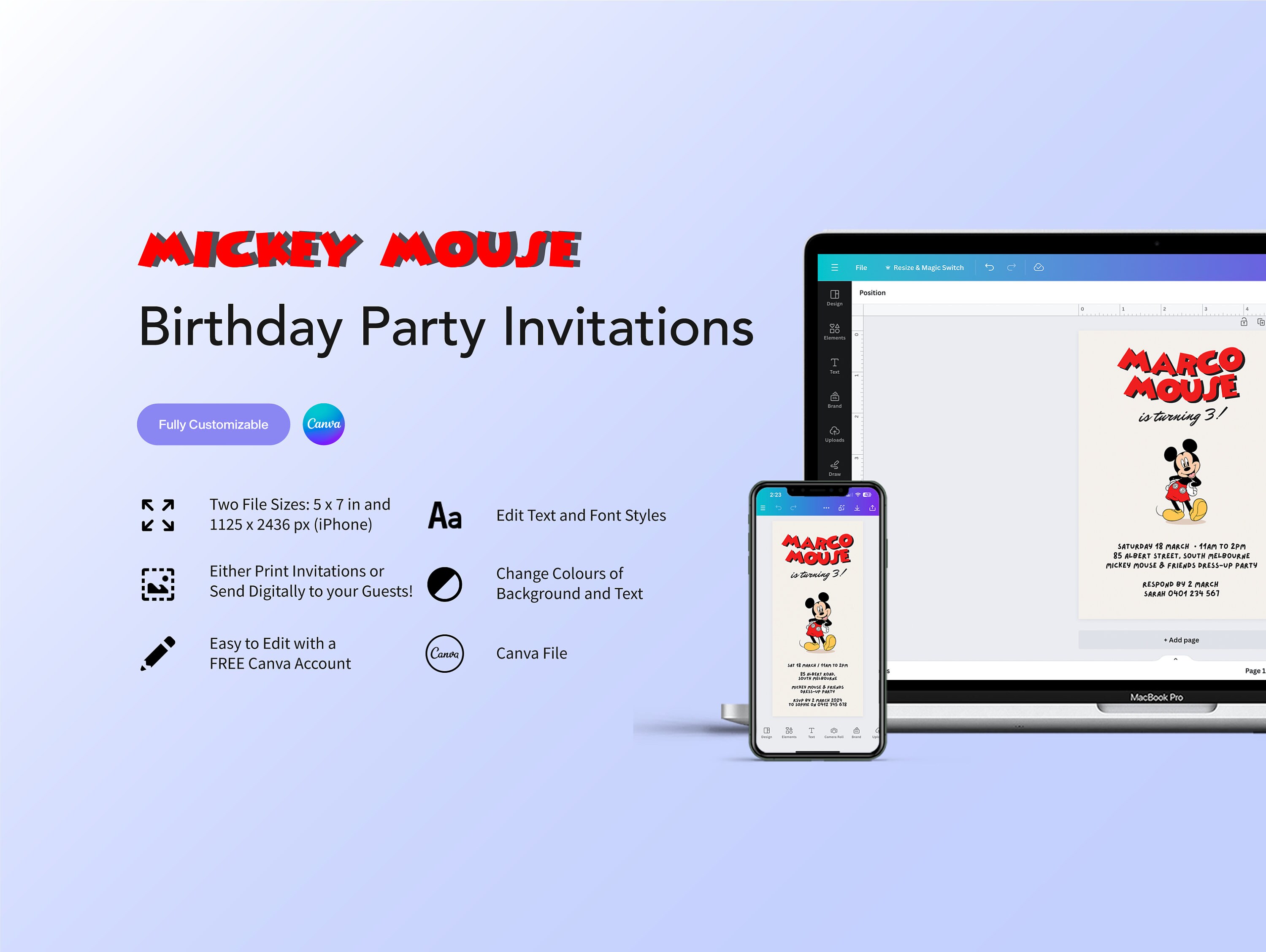 Editable Mickey Mouse Birthday Invitation Canva Digital Template ...