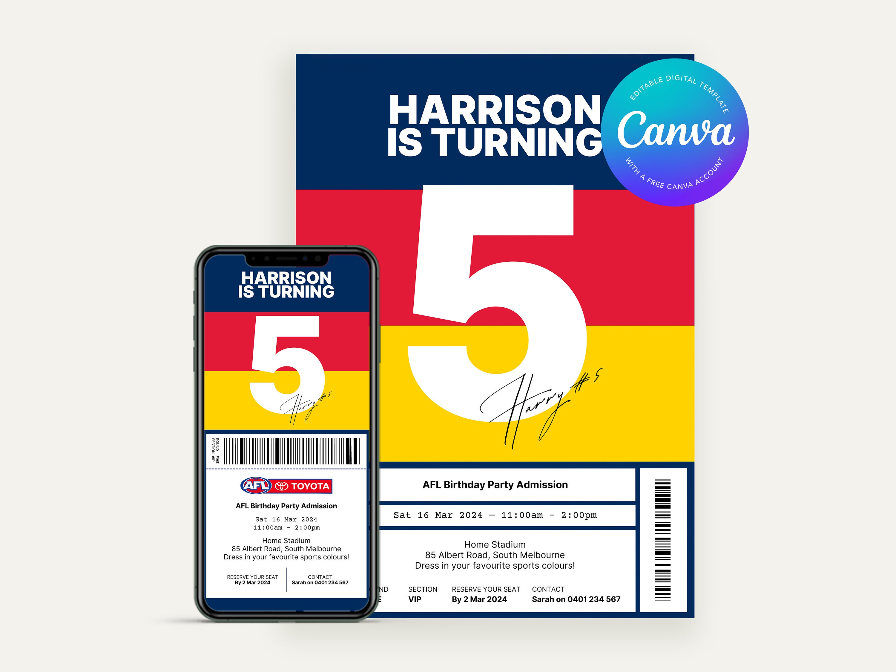 Editable Adelaide Crows Birthday Invitation | Canva Digital Template ...