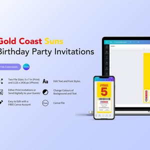 Editable Gold Coast Suns Birthday Invitation | Canva Digital Template ...