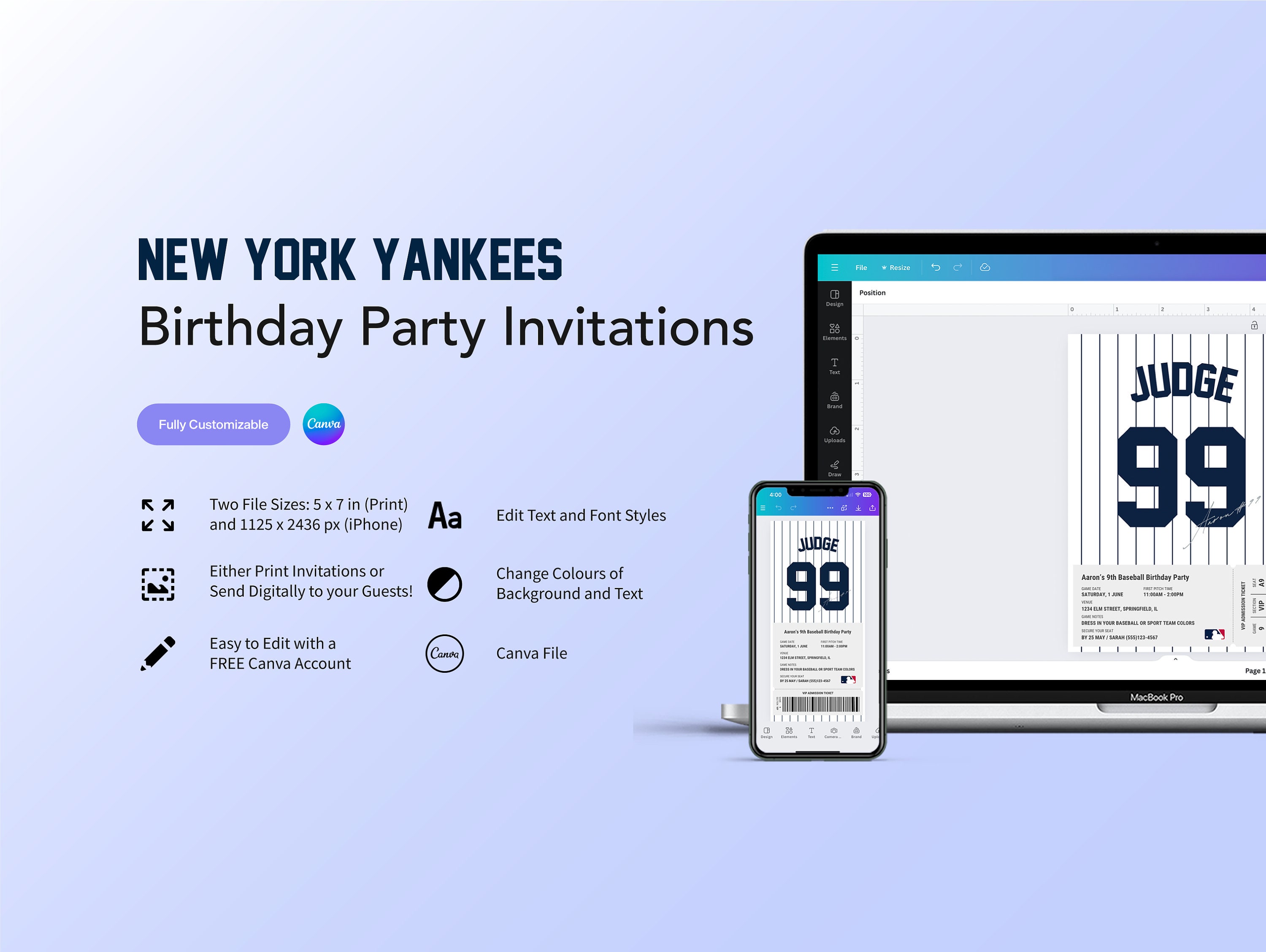 Editable New York Yankees Birthday Invitation | Canva Digital Template ...