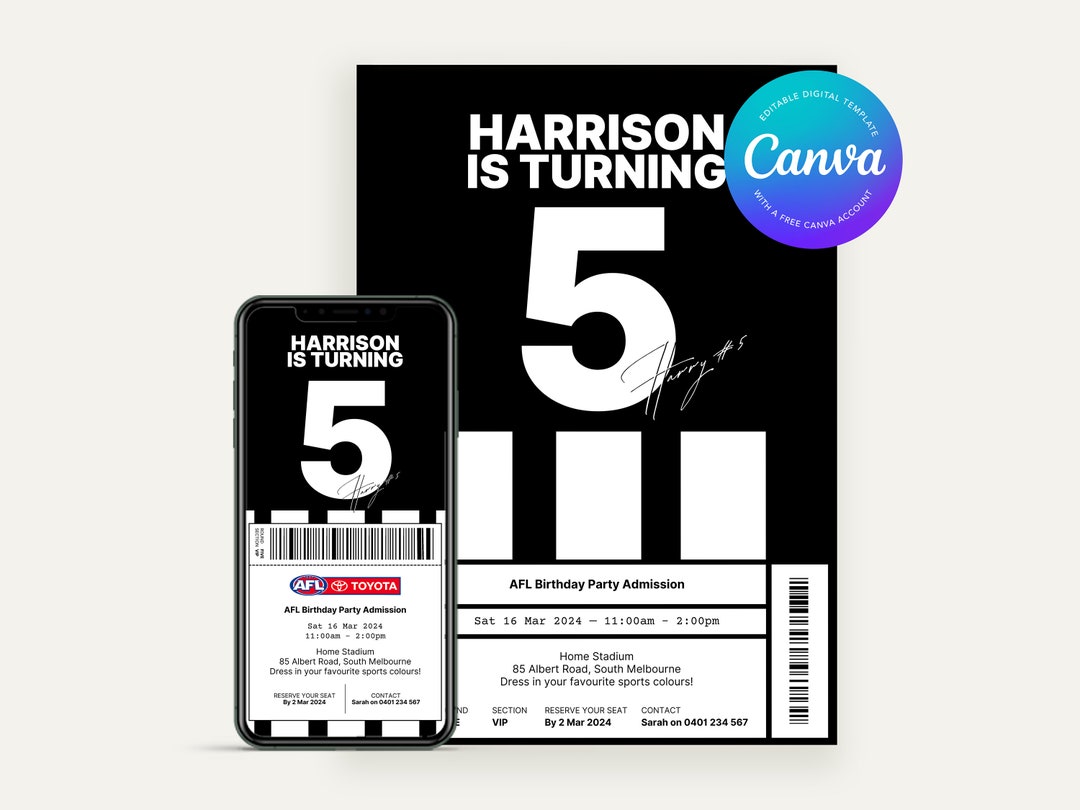 Collingwood Magpies Birthday Invitation | AFL Party, Canva Template ...