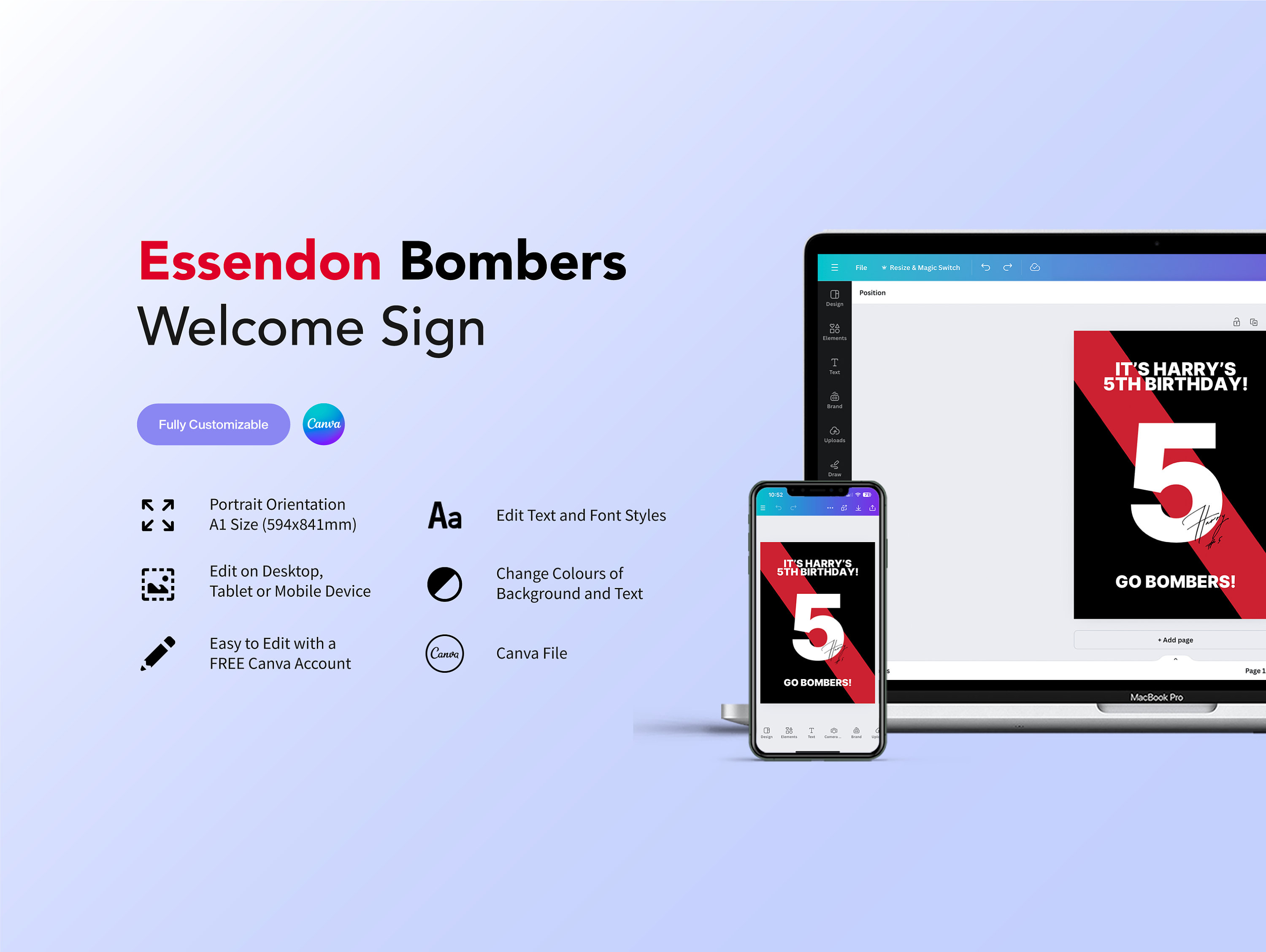 Printable Essendon Bombers Welcome Sign | Canva Digital Template ...