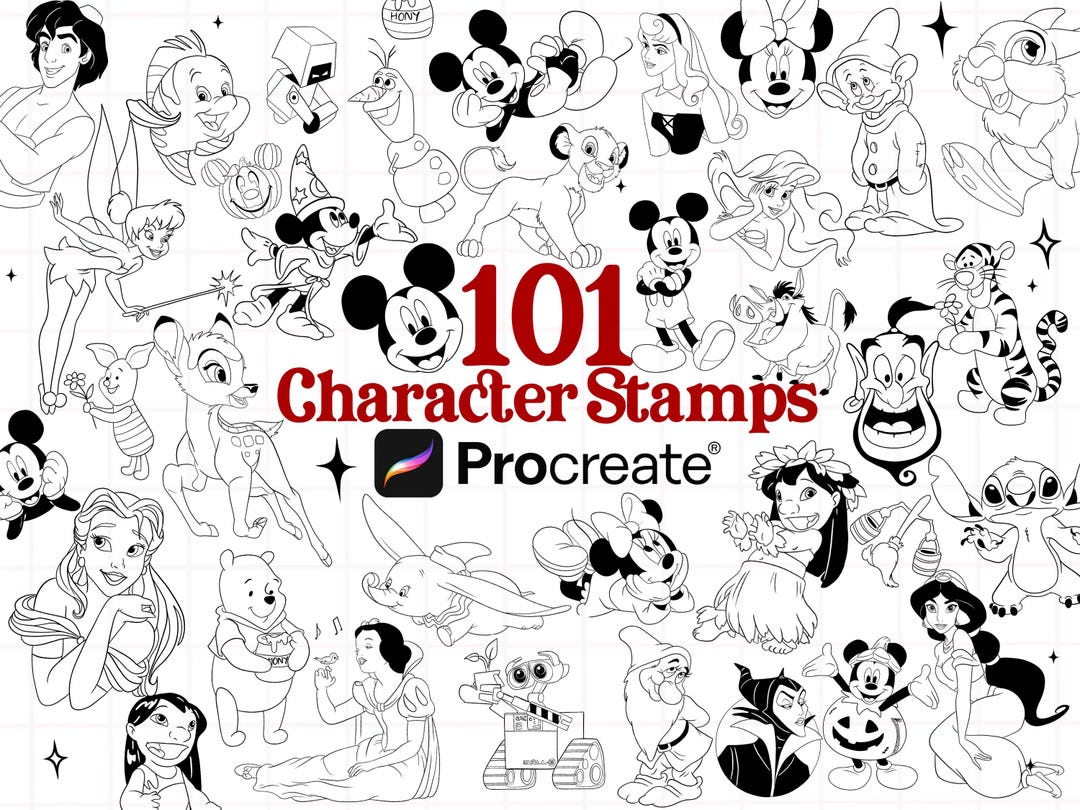 Disney Characters Stamps for PROCREATE! Magical Line Art Style Princess ...