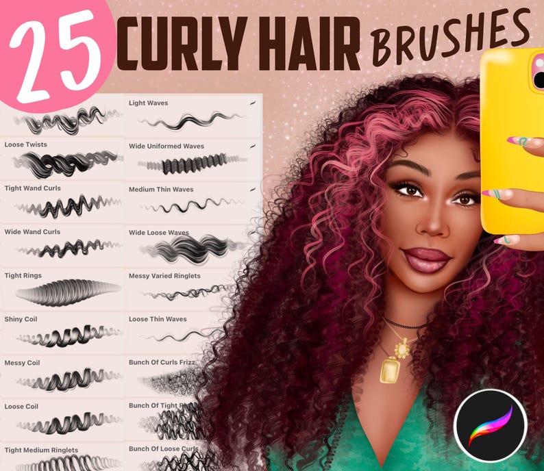 25 CURLY HAIR Brushes for PROCREATE ! Realistic Curls, Waves, Frizz ...