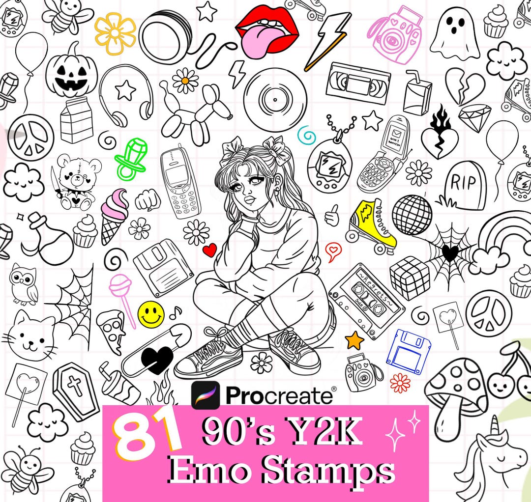 Y2K 90's Emo Nostalgic Procreate Stamp Designs! Digital Brushes, Cute ...
