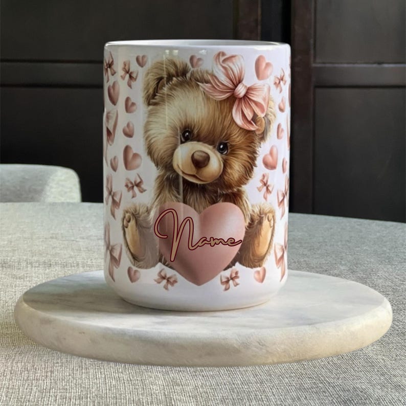 Personalized Teddy Bear Mug, Custom Name Coffee Cup, Bear With Hearts ...