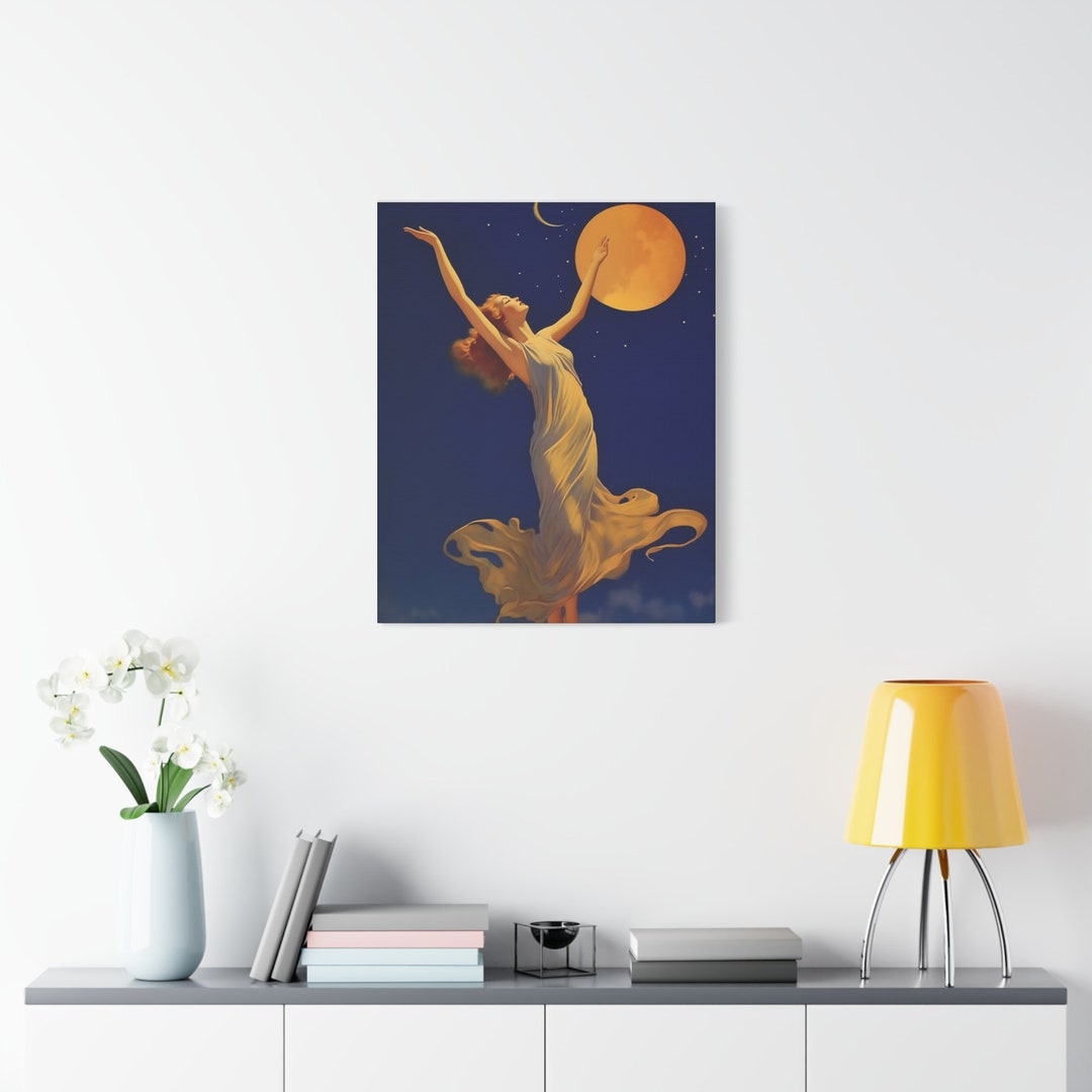 Beautiful Woman and Moon Vintage Print Style Wall Art, Mystical Canvas ...