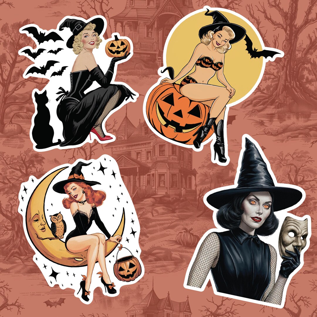Vintage Halloween Pinup Girl Sticker Bundle, Halloween Sticker Bundle, Vintage Halloween Sticker ...