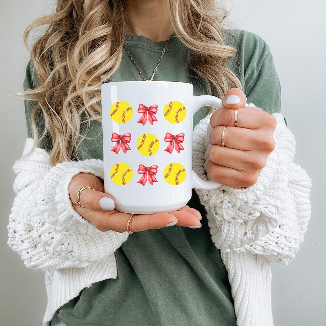 Softball Mug Bow Softball Mom Coffee Cup Cute Softball Gift Game Day ...