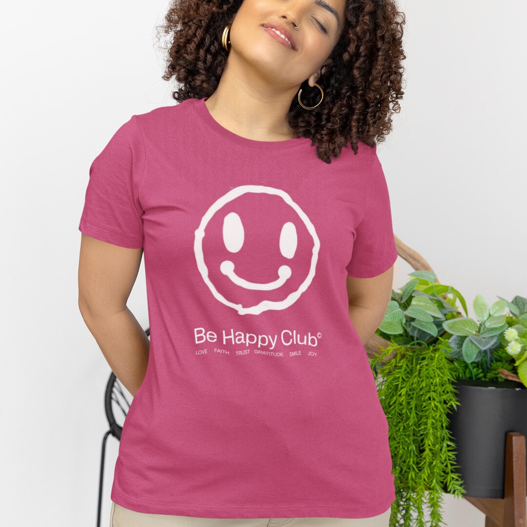 Smiley Face Top Be Happy Club Unisex Tee Trendy Doodle Shirt Love Faith ...