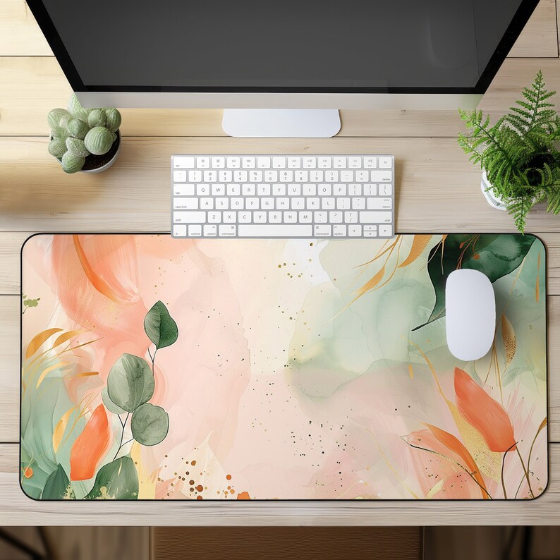 Pink & Green Leaves Desk Mat Summer Pink Aesthetic Mouse Pad Elegant ...
