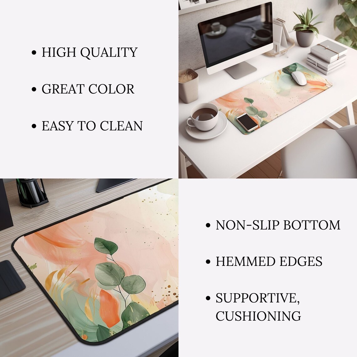 Pink & Green Leaves Desk Mat Summer Pink Aesthetic Mouse Pad Elegant ...
