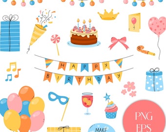 Birthday Clip Art Bundle | PNG Doodle Clipart Elements | Happy Bday ...