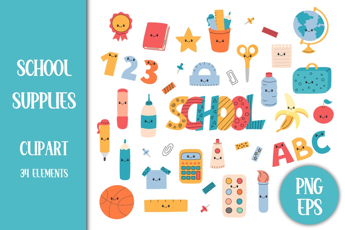 School Clipart PNG Supplies Clip Art Bundle Cute Educational Smiling ...