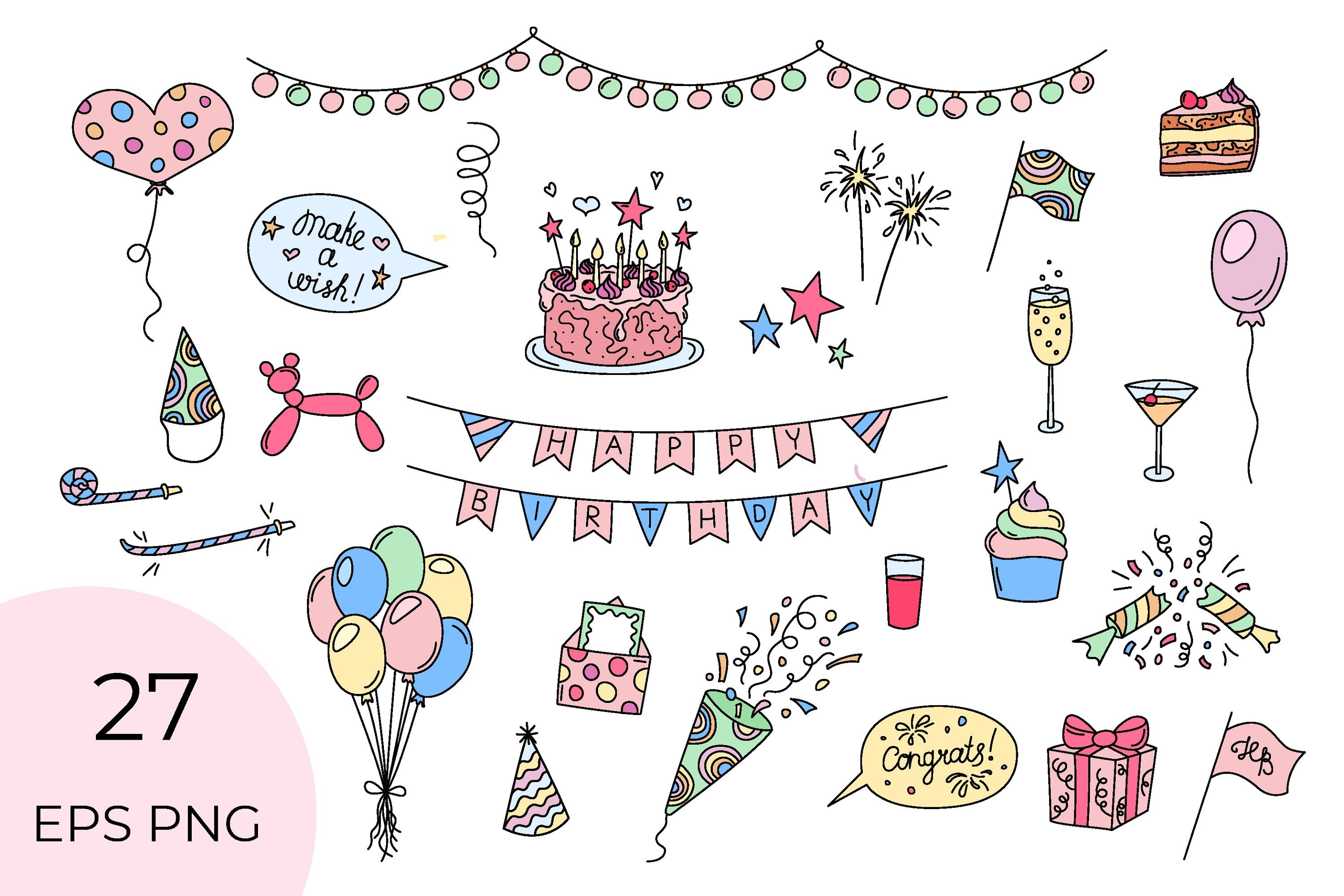 Birthday Clip Art Bundle | PNG Doodle Clipart Elements | Happy Bday ...