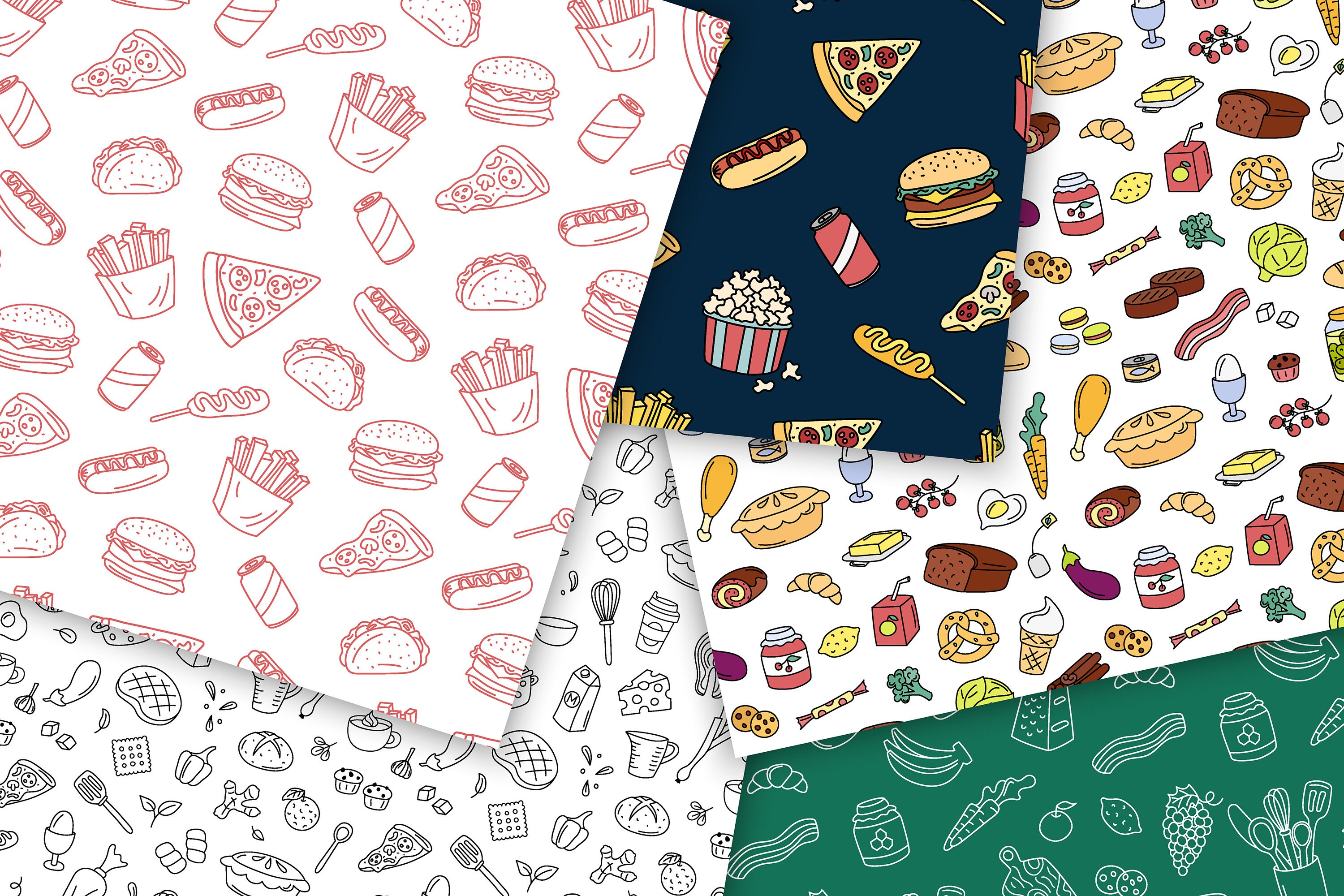 Cooking Food Digital Paper | JPG Doodle Meal Patterns Collection for ...