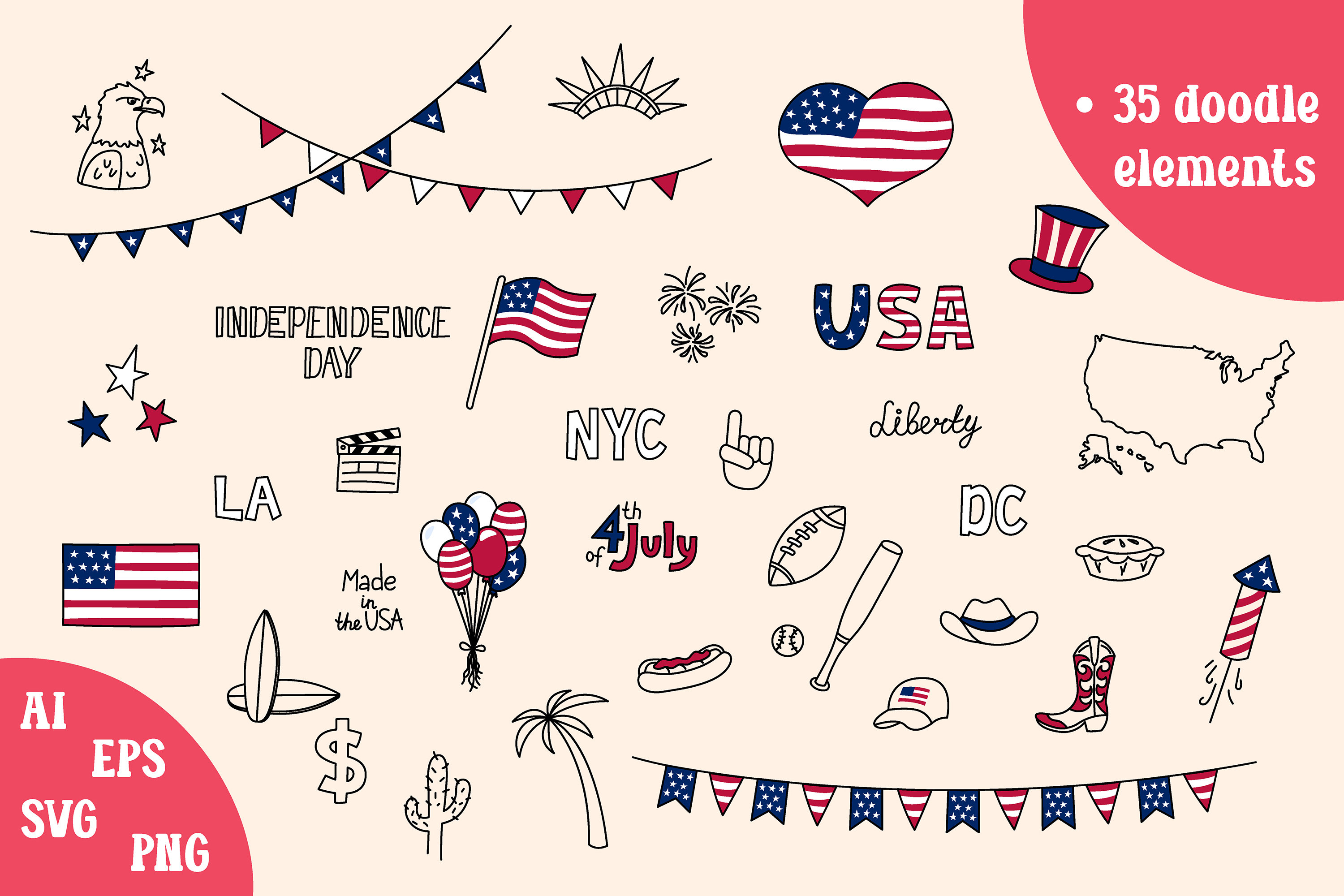 USA Clipart | Independence Day PNG Doodle Elements | July 4 Cards ...
