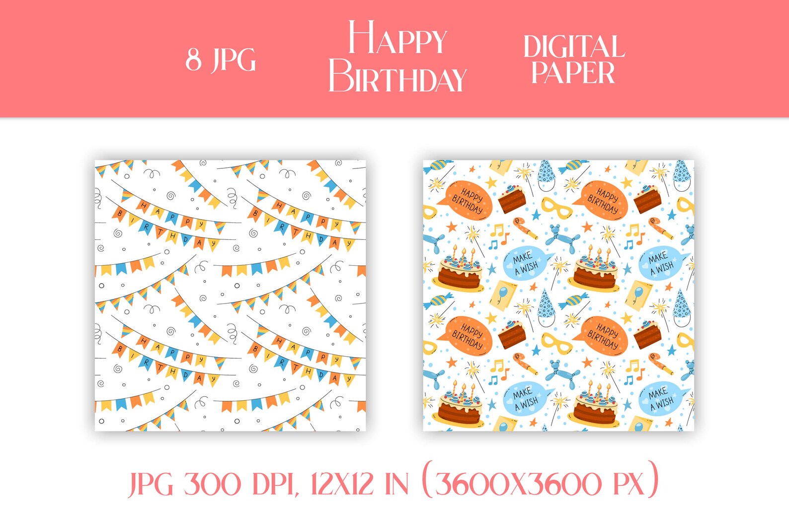Happy Birthday Digital Paper JPG Cute Bday Patterns Pack | Scrapbooking ...